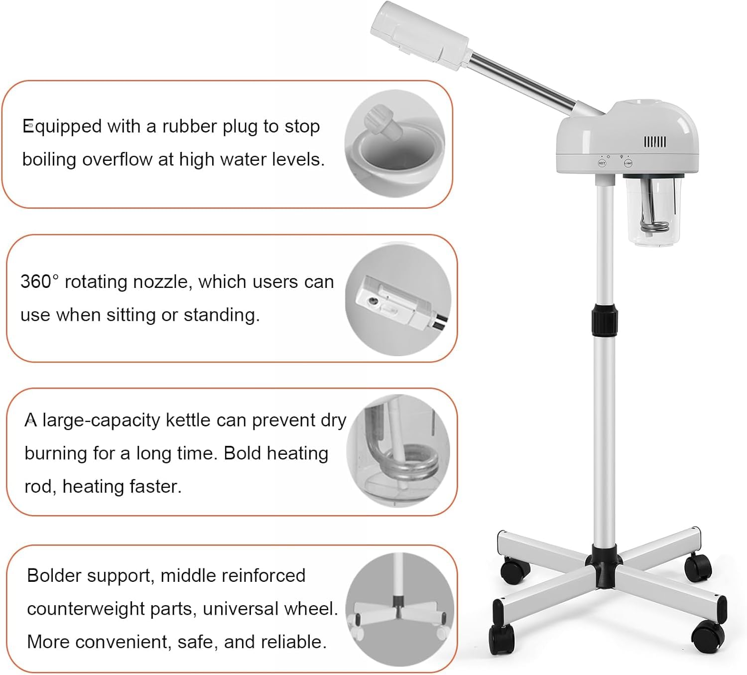 Professional Ozone Facial Steamer with Hot Mist Function, Stand Facial Steamer On Wheels, Height Adjustable & 360° Rotatable Nozzle, Use at Home & Salon SPA