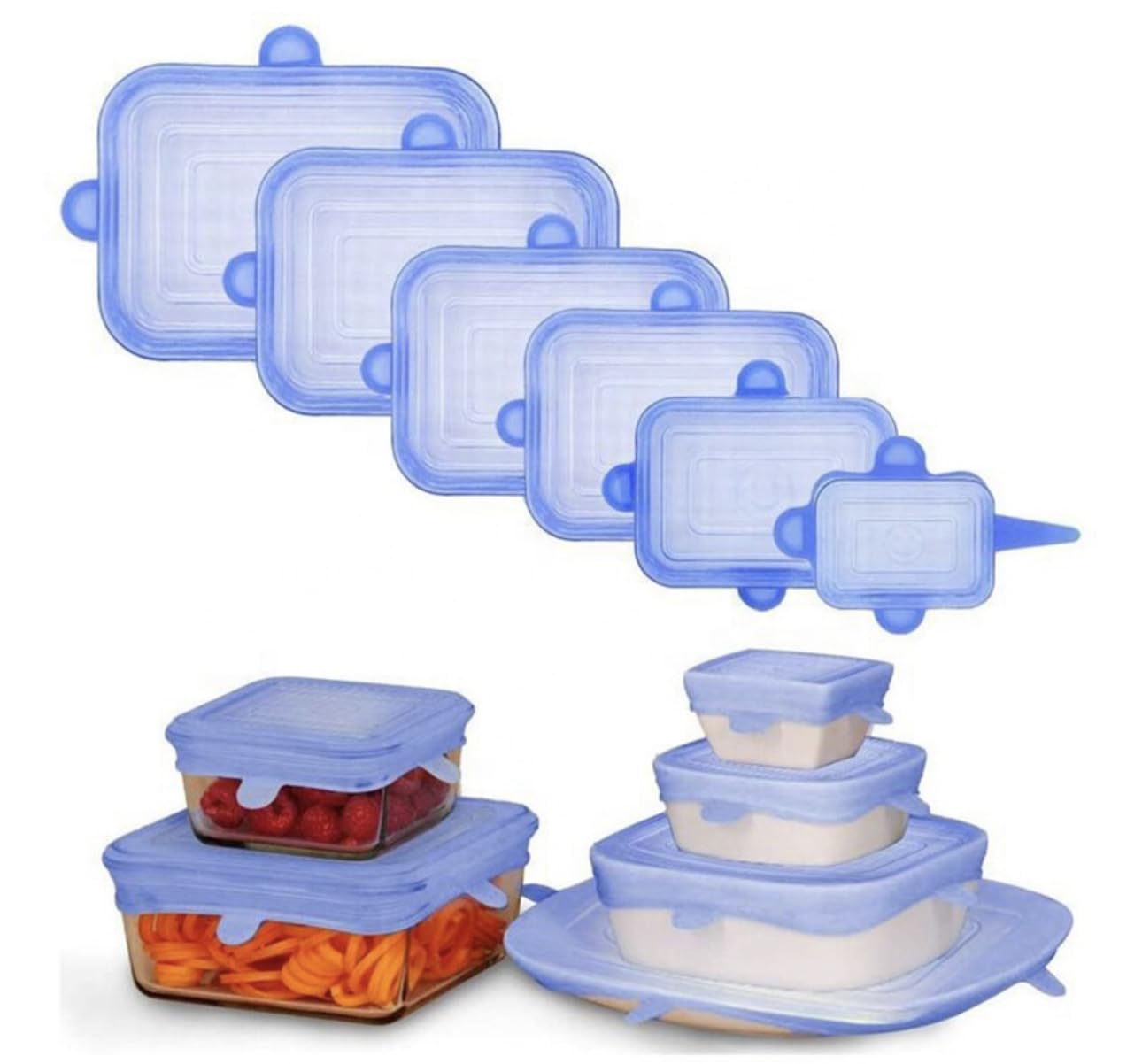 TraCol Reusable Silicone Stretch Lids, 12 Pcs Silicone Lids, 6 different Sizes BPA-free Silicone Bowl Covers for Cups, Bowls and Dish, Flexible, Round and Rectangle Fit 2.5" - 8.5β Container, Blue