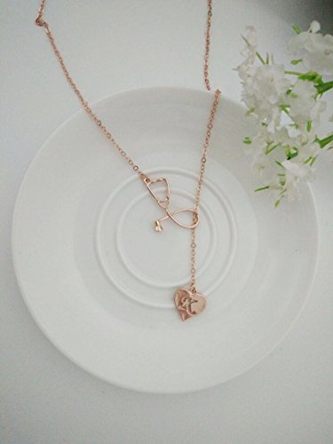 MANZHEN Rose Gold Plated Medicine Stethoscope Heart Initial Alphabet Letter Necklace for Doctor Nurse (B)