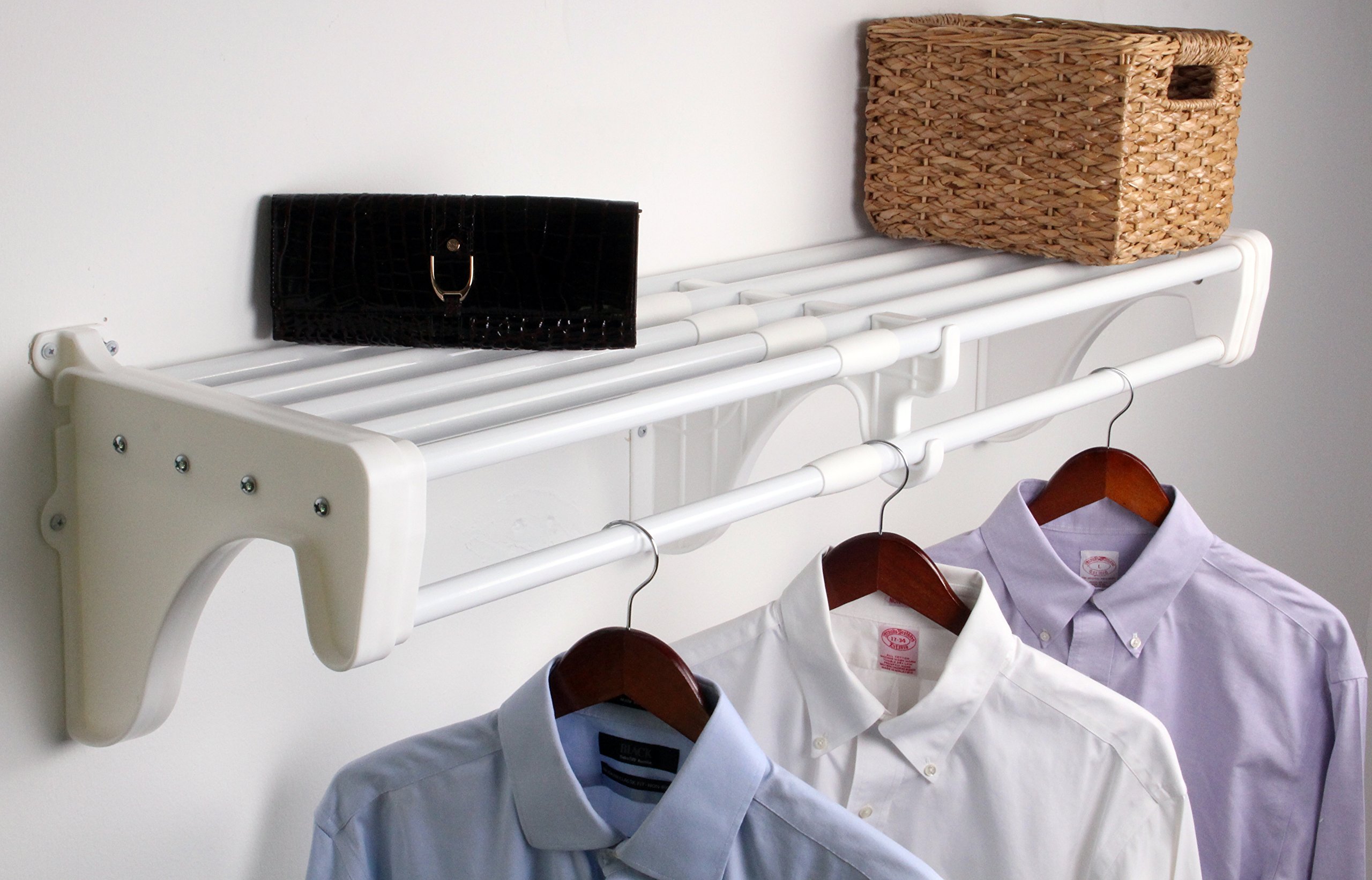 EZ Shelf-Expandable-Closet Shelf with Hanging Rod- 30” to 50” -White-Easy Install to Backwall(Floating)-Wire Closet Shelving Alternative-(EZS-SCRW48-1-2)