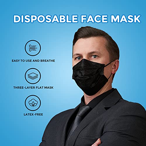 CCW Black Masks, 3 Layer Filter Protection 50 pcs Black Crowded Places with Elastic Earloop Masks,Individually Wrapped Disposable Face Masks for Adult Men Women