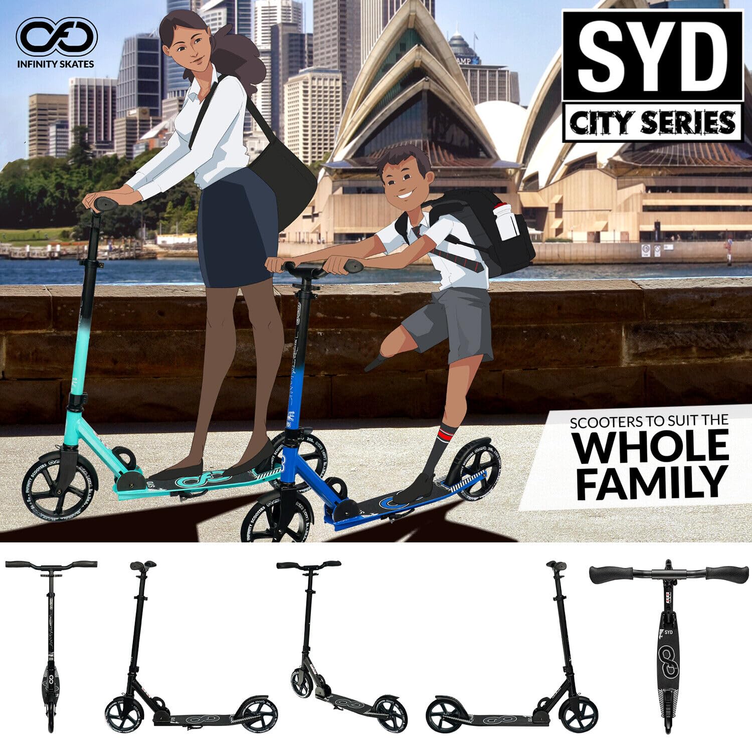 Crazy Skates Foldable Kick Scooter - Kick Scooters for Adults, Teens and Kids with Carrying Strap - Fast Folding, Adjustable Handlebars and Lightweight - Sydney Scooter (SYD) - Black