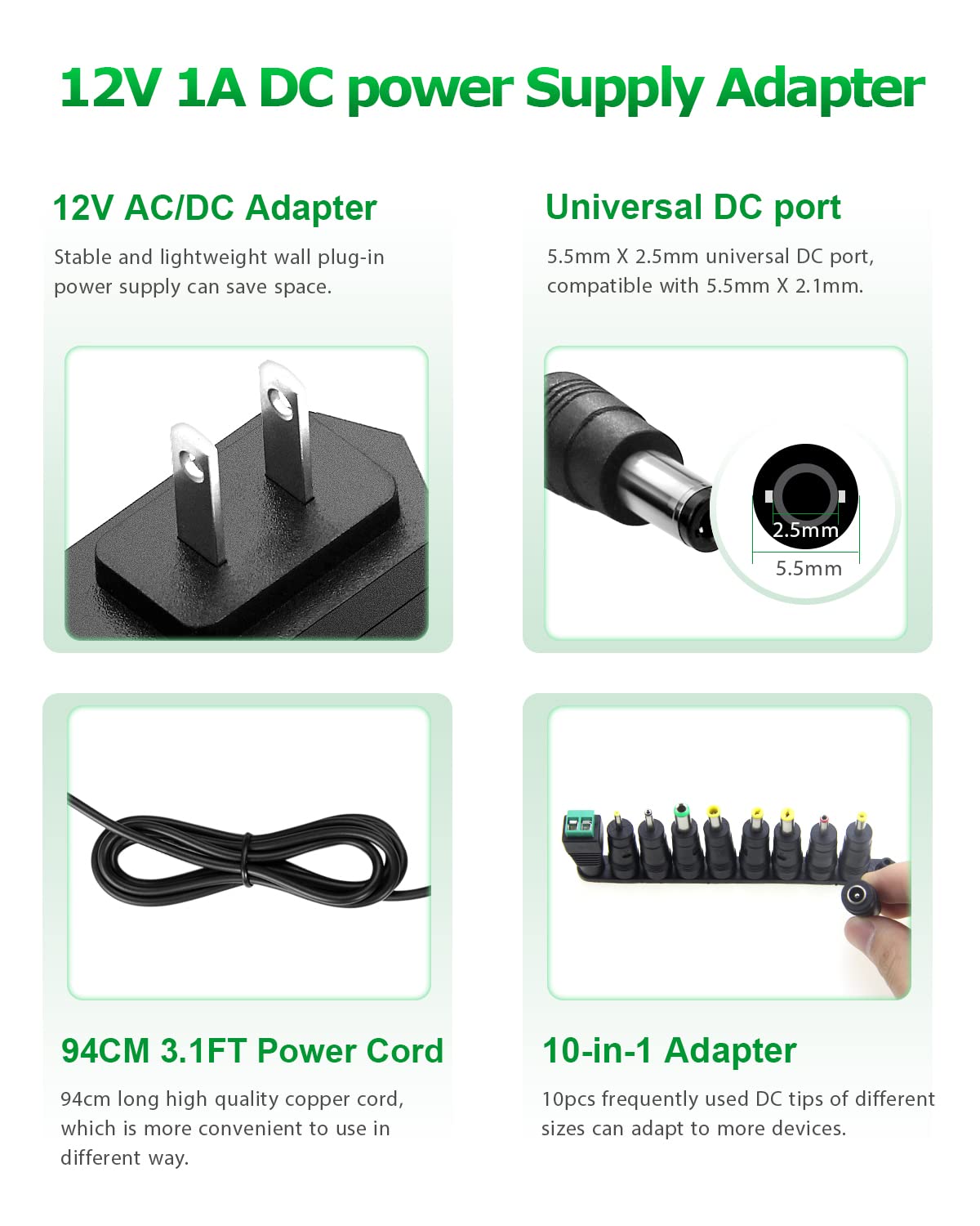 Arkare 12V 1A AC/DC Power Supply Adapter 12Volt Replacement Power Cord Wall Charger AC 100V-240V to DC 12Volt 1Amp 0.5A Transformer for Security Camera BT Speaker GPS Webcam Router Scanner with 10TIPS