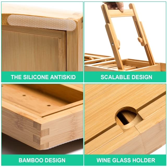 Bamboo Bathtub, Bed, Laptop Tray with Foldable Legs Adjustable Bath Caddy - Wine Glass and iPad Holder - Soap Tray & Bath Pillow Included.