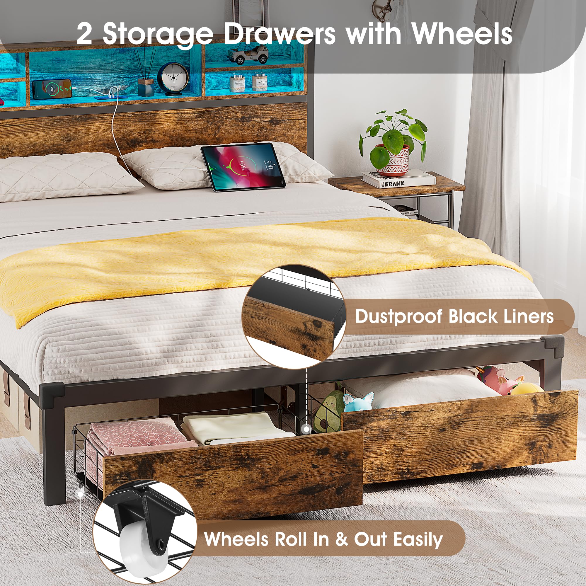 Alohappy Queen Bed Frame with Storage Headboard and Drawers,Metal Platform Bed Frame Queen Size with RGB Led Lights and Charging Station, No Nosie No Box Spring Needed (Queen (U.S. Standard))