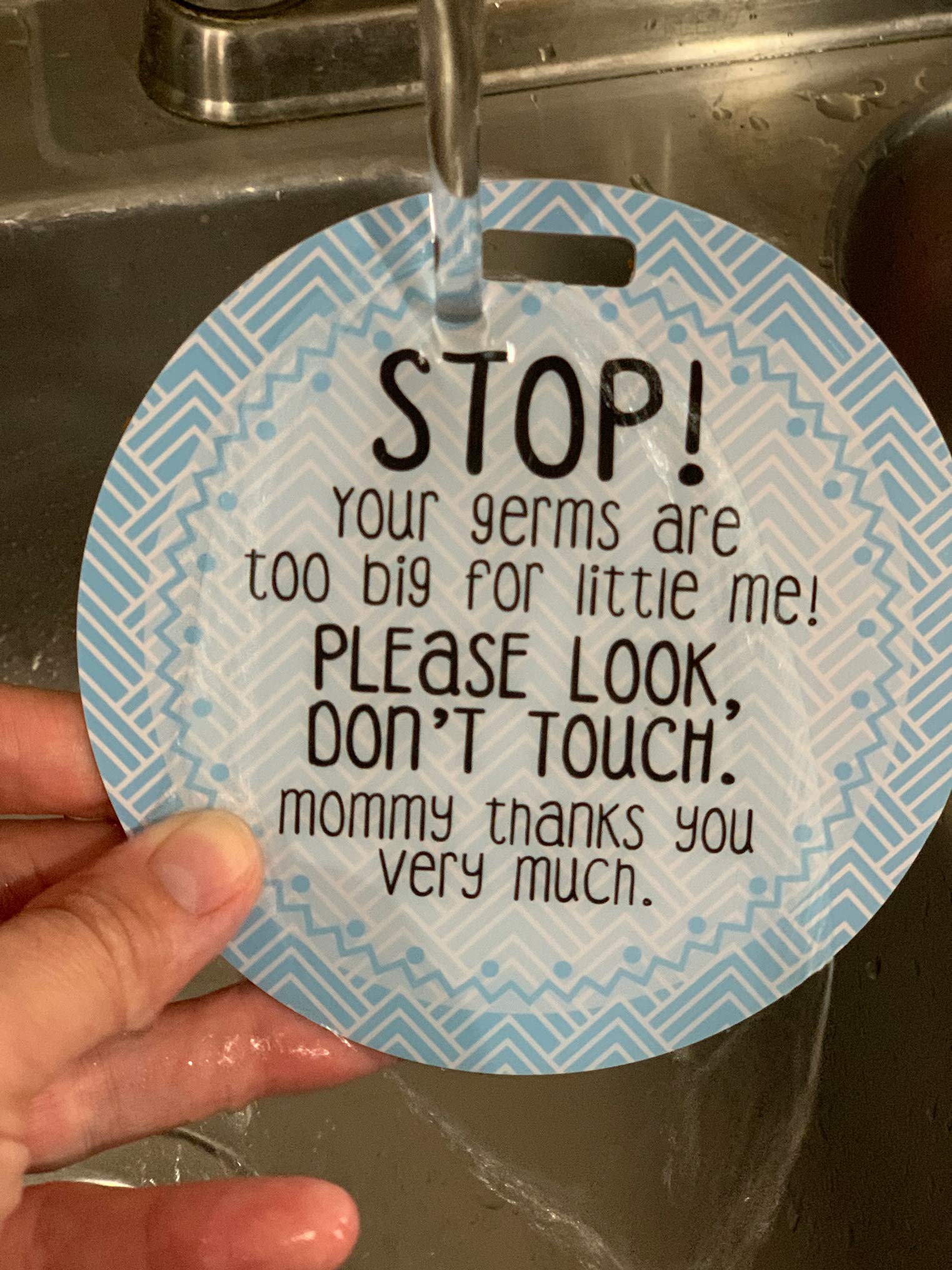 THREE LITTLE TOTS β Blue Stop Please Look Don't Touch Baby Car Seat Sign or Stroller Tag - CPSIA Safety Tested