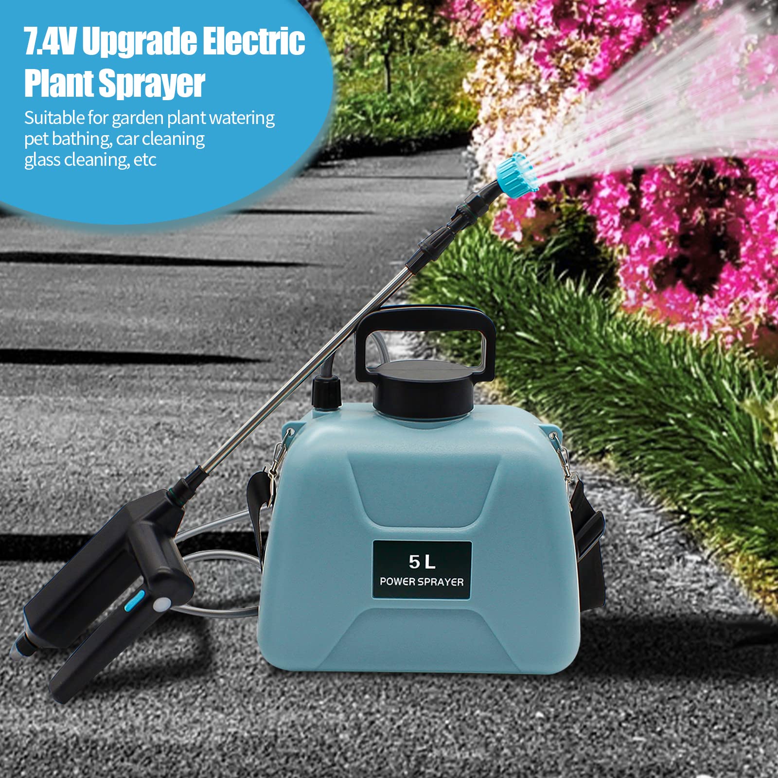 𝟳.𝟰 𝗩 Battery Powered Pump Sprayer with 3 Mist Nozzles, 1.35 Gallon Electric Garden Sprayer with USB Rechargeable Handle, Telescopic Wand, Portable Lawn Weed Sprayer with Adjustable Shoulder Strap
