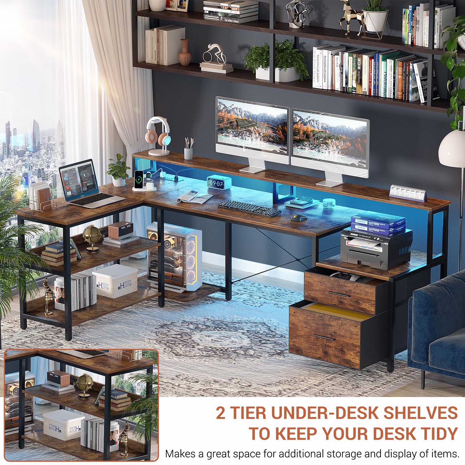 Aheaplus L Shaped Desk with File Drawer, 72.8" Reversible L Shaped Computer Desk with Power Outlet & LED Strip, Gaming Desk with Monitor Stand, Office Desk Corner Desk with Storage Shelf, Rustic Brown