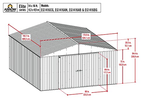Arrow Shed Elite 14' x 16' Outdoor Lockable Gable Roof Steel Storage Shed Building, Cool Grey