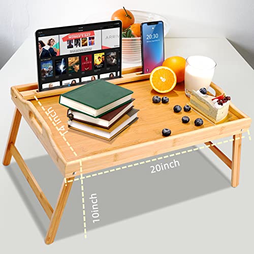 Bamboo Breakfast Bed Table with Legs 20 Inch Lap Trays for Adults Eating,Removable Media Slot Food Trays for Eat on Bed Trays for Adults