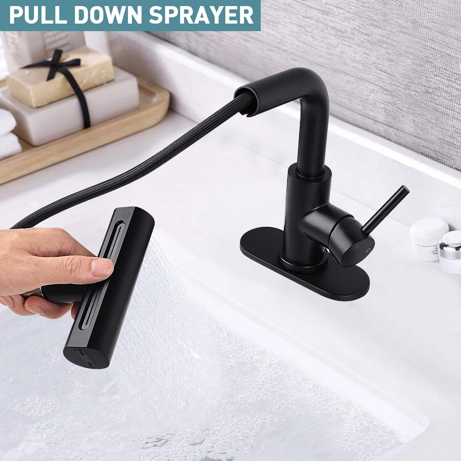 Bathroom Faucet 4 in 1, Faucet for Bathroom with Pull Down Sprayer, Matte Black Bathroom Sink Faucet for 1 or 3 Holes
