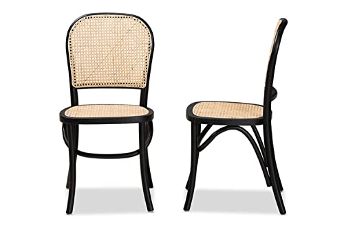 Baxton Studio Cambree Mid-Century Modern Brown Woven Rattan and Black Wood 2-Piece Cane Dining Chair Set