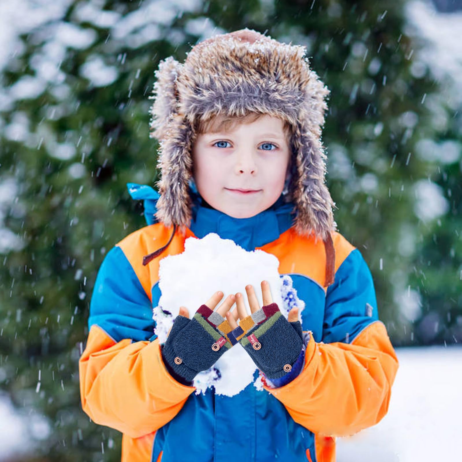 Kids Winter Gloves, Warm Knitted Convertible Fingerless Gloves for Baby Boy Girl with Mittens Cover Cap
