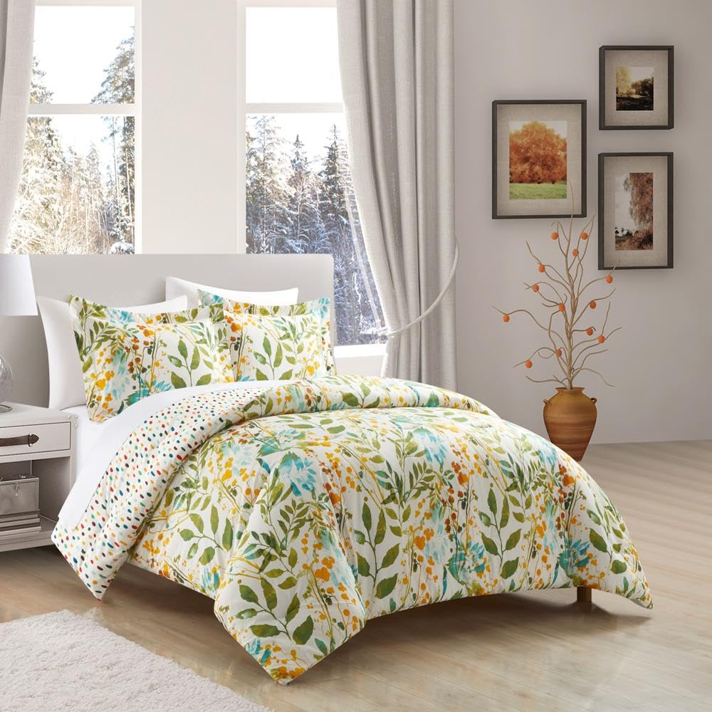 Chic Home Robin 3 Piece Duvet Cover Set Reversible Hand Painted Floral Print Design Bedding with Zipper Closure - Pillow Shams Included, Queen, Multi-Color