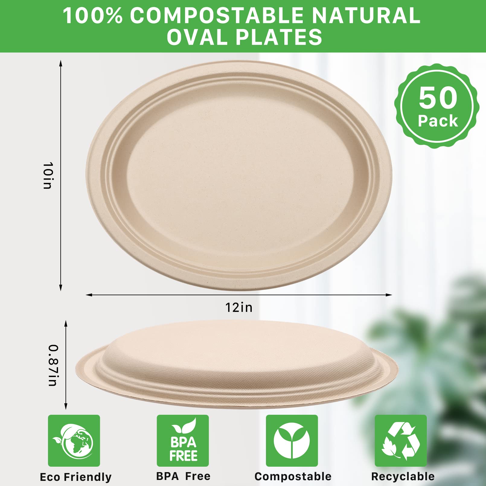 50 Pack Oval Paper Plates,100% Compostable Paper Plates,12 inch Paper Plates Heavy Duty,Disposable Paper Plates,Natural Bagasse Unbleached Eco-Friendly Sugarcane Plates for BBQ Party Picnic Gathering