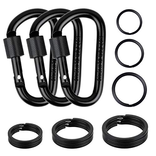 Carabiner Keychain Clip Hook, Cridoz 3pcs Locking Carabiner D Ring Clips with 9pccs Black Flat Key Ring for Water Bottles, Dog Tags and Car Keys (Assorted Sizes)
