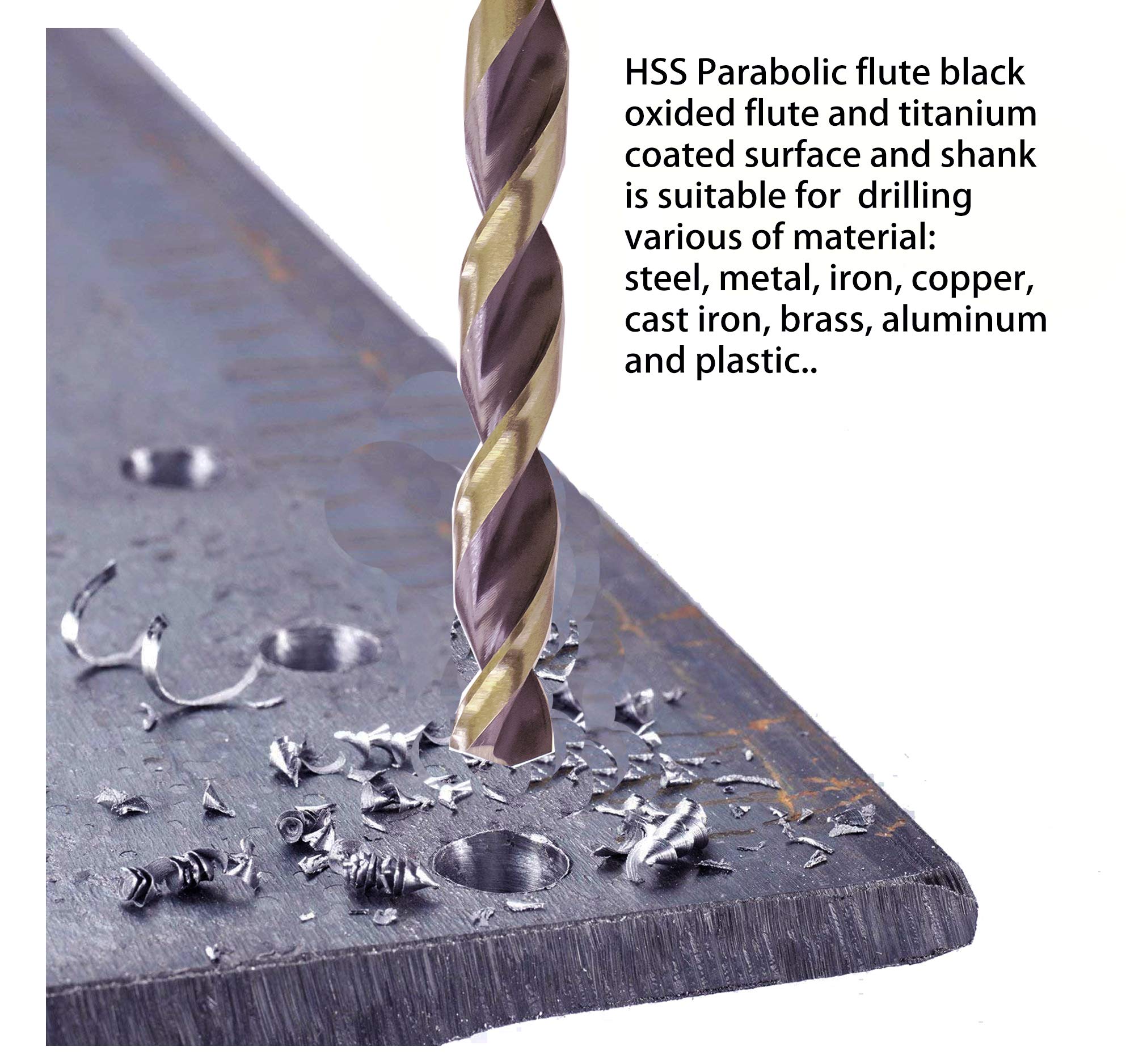 Hss Drill Bits 7/32 In. Jobber Twist Parabolic Flute Golden/Black 3-Flat Shank Drill Steel Metal-10Pcs