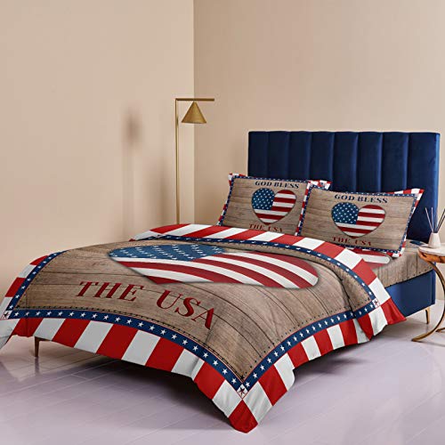 Chucoco Independence Day Twin Duvet Covers Set American Flag Love Wood Plank 4 Pcs Bedding Sets Brushed Microfiber Quilt Covers Lightweight Cozy Flat Sheet with 2 Pillowcases Red White Plaid