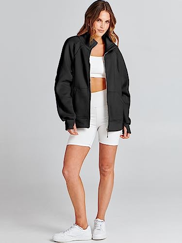 Caracilia Women's Oversized Sweatshirts Long Sleeve Zip Up Y2K Trendy Fashion Sweatshirt Jackets Pullovers Active Comfy Cute Clothes With Thumb Hole C112A0-heise-S Black