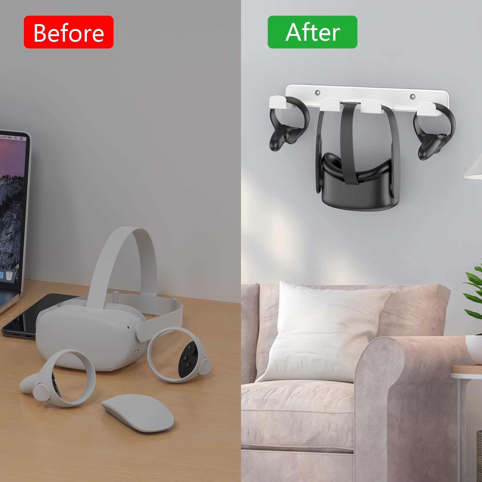 HomeMount VR Wall Mount Storage Stand Hook-for Meta/Oculus Quest 2/Quest/Rift/Rift S/Valve Index/HTC Vive/HP Reverb G2/ PlayStation VR Headsets, Gaming Controller Hanger Space Saving(White)