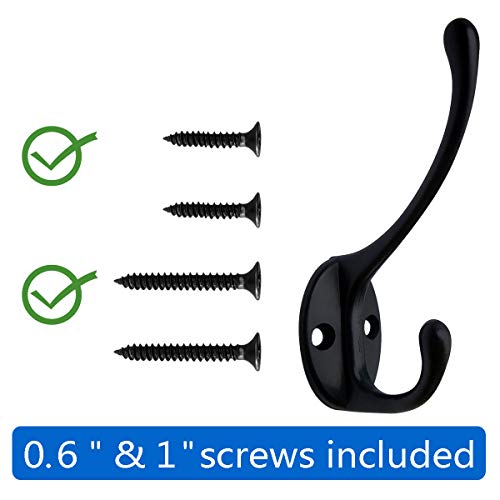IBosins 10 Pack Heavy Duty Dual Coat Hooks Wall Mounted with 40 Screws Retro Double Hooks Utility Black No Rust Hooks for Coat, Scarf, Bag, Towel, Key, Cap, Cup, Hat (Black)