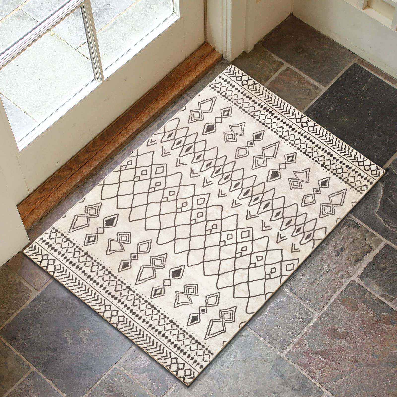 Asrug 2x3 Rugs for Entryway, Entryway Rug Washable Small Area Rug, Non-Slip Soft Boho Vintage Geometric Low-Pile Door Mat Indoor Entrance Carpet for Bedroom Kitchen Bathroom Living Room, Beige