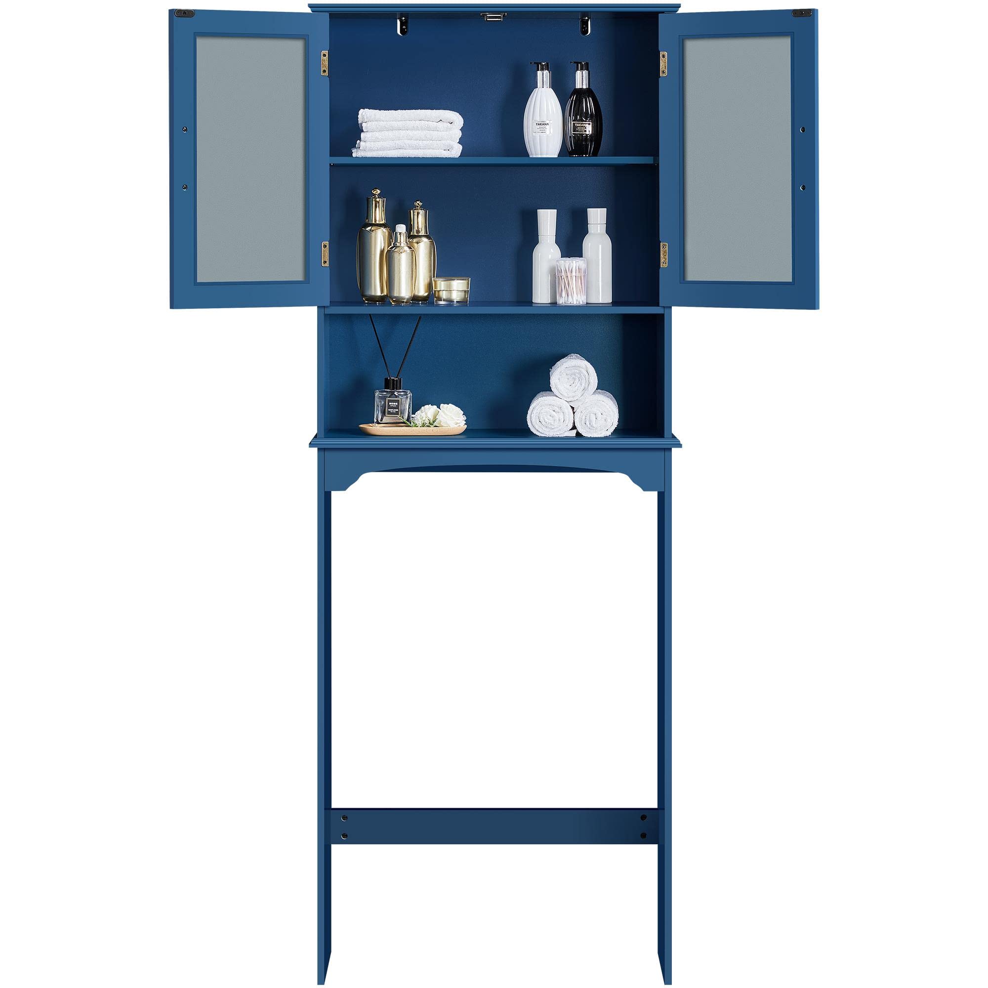Topeakmart Over The Toilet Storage with 2-Door Tempered Glass Cabinet, Wooden Space-Saving with Toilet Rack and Inner Adjustable Shelf, L25xW9xH66, Navy Blue