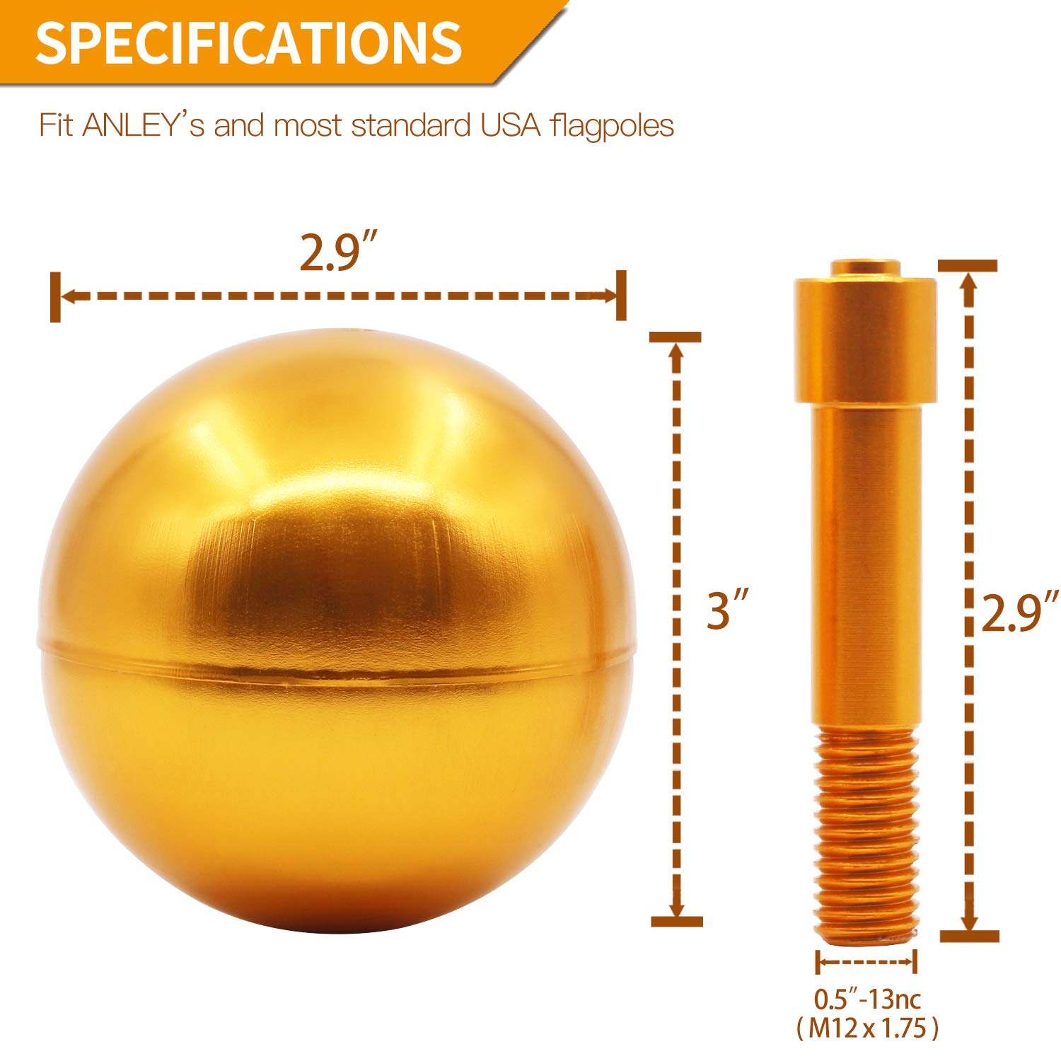 Anley Authentic 3" Flagpole Ball Topper Ornament - Gold Anodized Aluminum Finish - Weatherproof Top Replacement - Fit Standard USA Flag Poles, Pulley Truck & Solar Lights