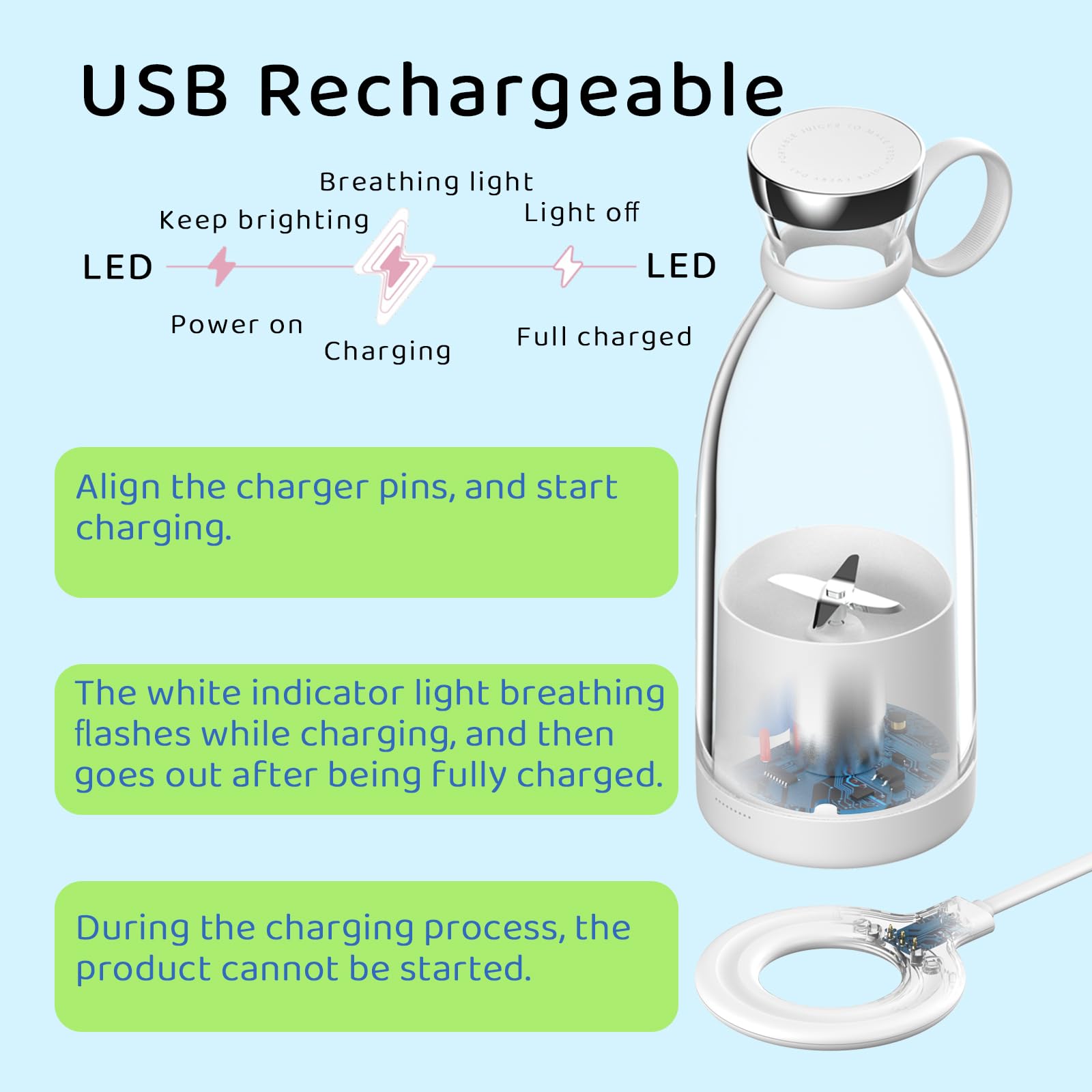Asa Vea Mini Blender for Smoothies and Milkshakes, Portable Blender, Rechargeable, Personal Size Blender with Quota Outer Travel Lid with 4 Blades, 11 oz for Outdoors, Camping (White)