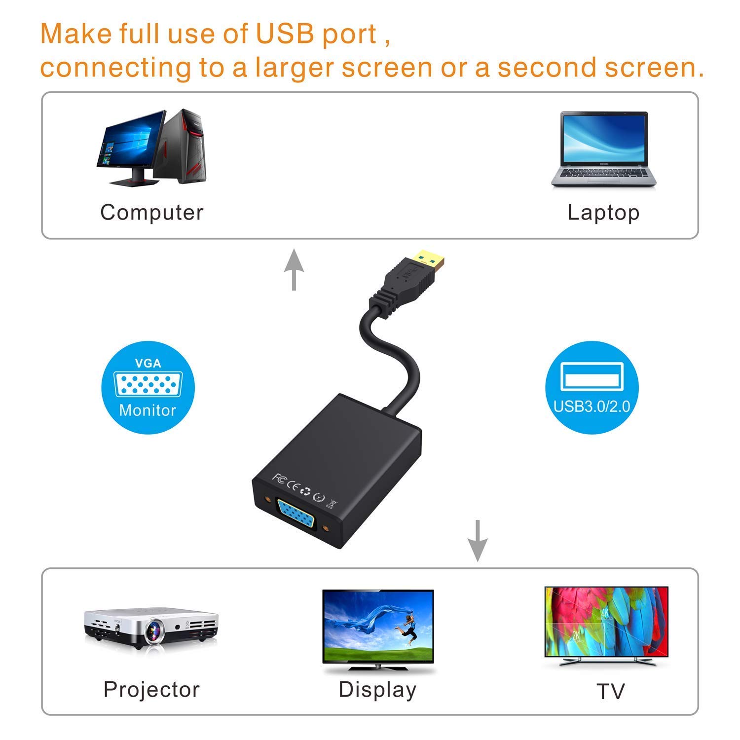 ABLEWE USB to VGA Adapter, USB 3.0/2.0 to VGA Multi-Display Converter Support Resolution 1080p for Win 7/8/8.1/10(Not Support MAC/Chromebook)
