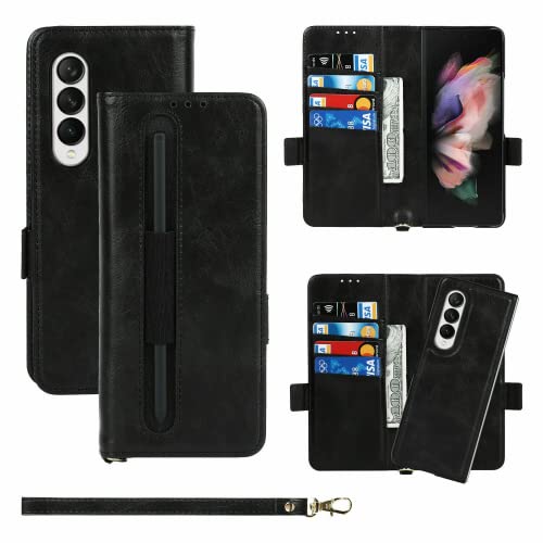 EAXER for Samsung Galaxy Z Fold 3 5G Luxury Leather Wallet Case Cover with S Pen Slot PU Leather Flip Folio Case with Card Slots RFID Blocking Kickstand Phone Cover for Z Fold3 5G (2021) - Black
