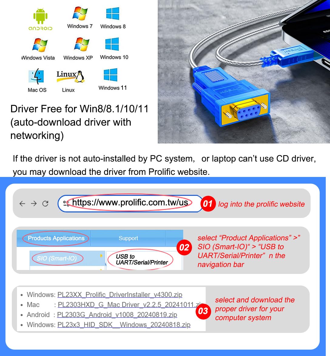 DTech 6 Feet USB to RS232 DB9 Female Serial Adapter Cable Windows 11 10 8 7 Mac Linux Serial to USB 2.0 with Prolific PL2303 Chip