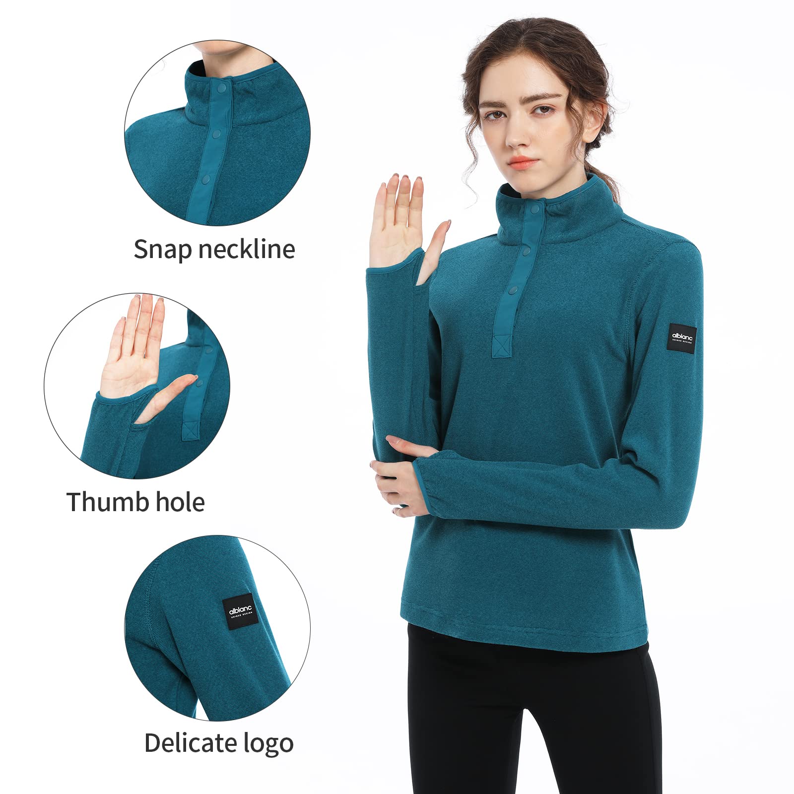 alblanc Fleece Pullover Women,Lightweight Soft Long Sleeve Womens Fall Tops with Thumb Hole,Snap Neck Pullover,Dark cyan L