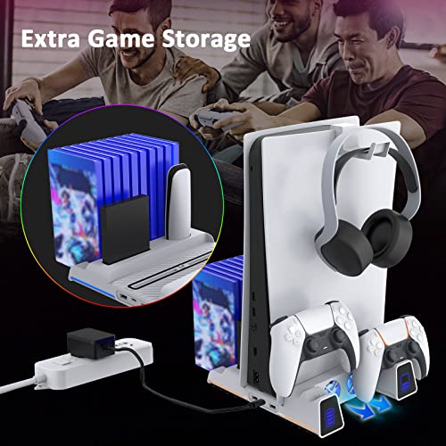 NexiGo PS5 Slient Cooling Stand with RGB LED Light, Dual Charging Station Compatible with DualSense Edge Controller, Hard Drive Slot, Headset and Remote Holders, 10 Game Slots, White