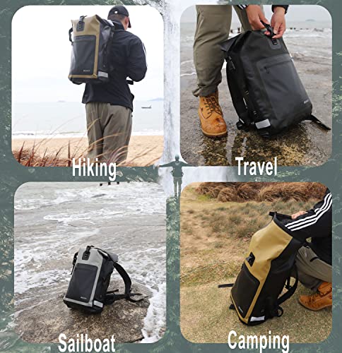 BRONZY Waterproof Backpack Dry Bag 30L Roll Top Closure With Front Zippered Pocket Heavy Duty Breathable Foam Padded Backing Heat Seal Finishing For Kayaking Camping Boating Hiking Beach (Khaki)