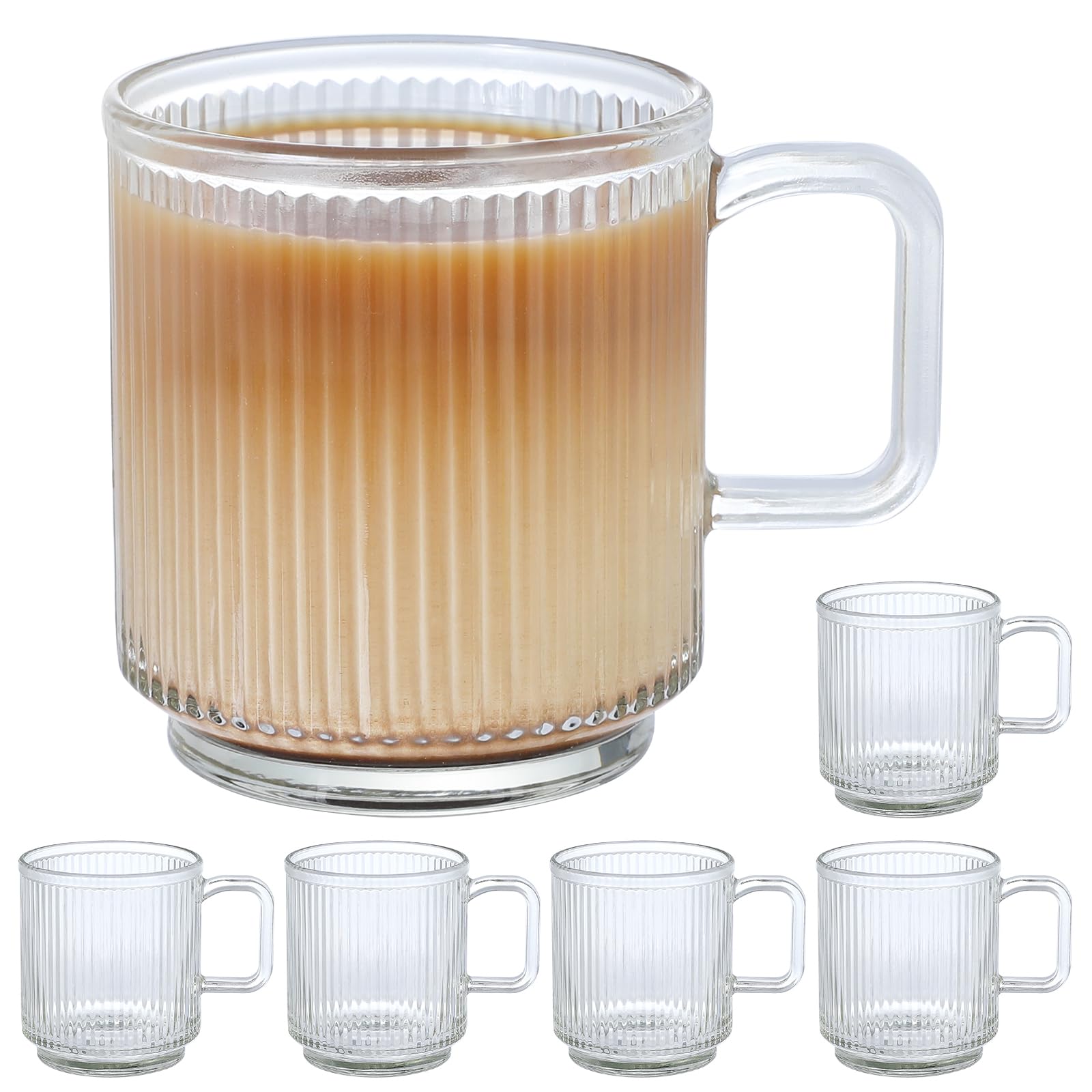 6PCS Premium Glass Coffee Mugs Classic Vertical Stripes Clear Tea Cups Latte Cup for Cappuccino Espresso, 12oz