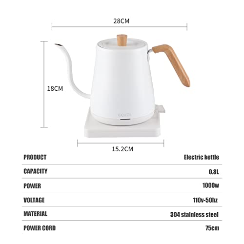 ECUZE Gooseneck Electric Kettle, Pour Over Coffee and Tea Kettle, 100% Stainless Steel Inner with Leak Proof Design, 1000W Rapid Heating 0.8L (Wood Handle)