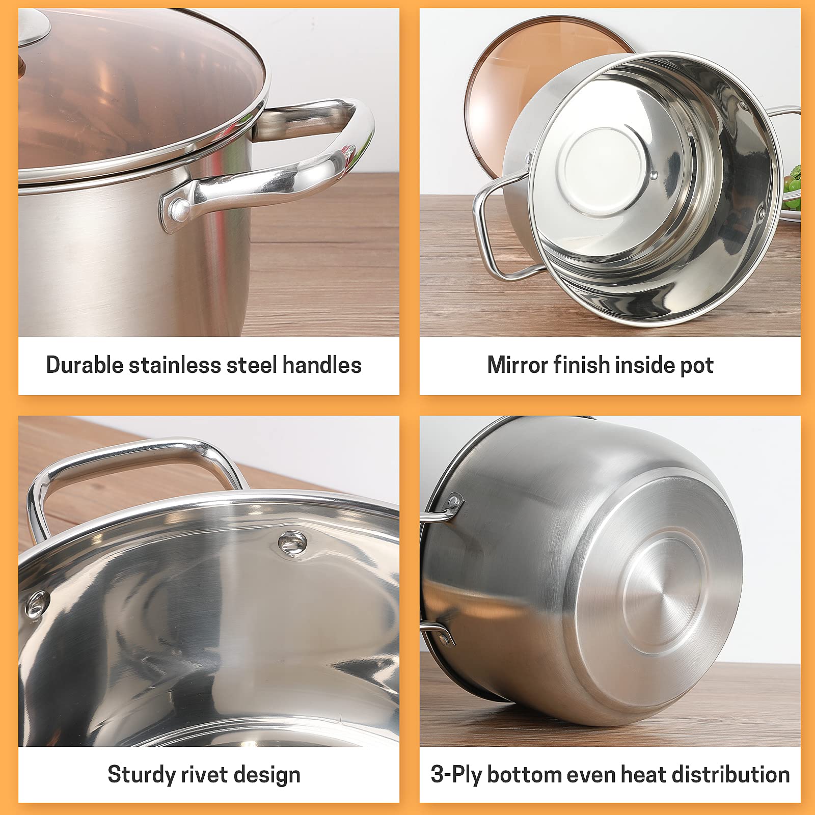 8 QT Soup Pot, Stainless Steel Stockpot with Lid, Saucepot Pasta Cooking Pot with Double Handles, Dishwasher Safe