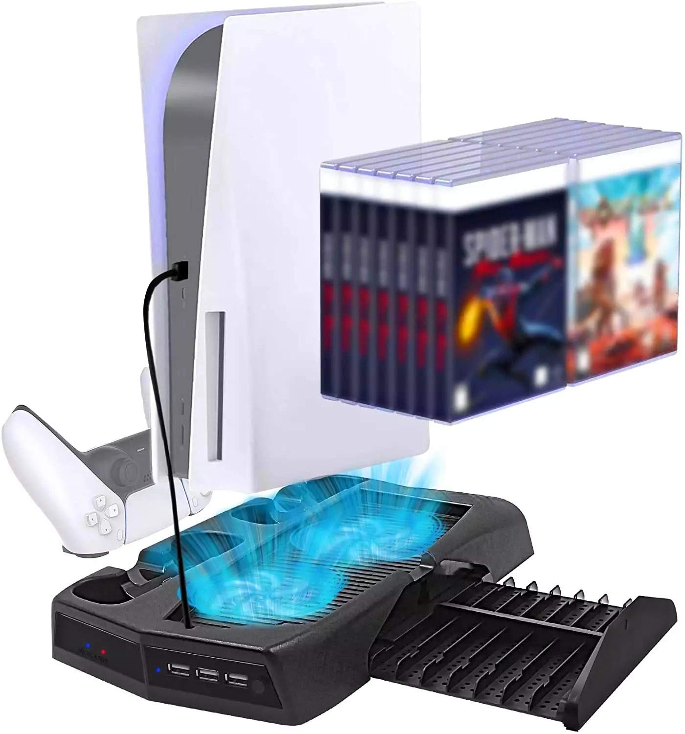 AlbTec Vertical Charging Stand with Cooling Fan compatible with PS5 Console and PlayStation 5 Digital Edition/Ultra HD Dual Controller Charger with LED Indicators plus 3 USB HUB and 14 Games Slots