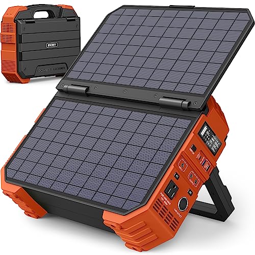 BROWEY Portable Power Station with 30W Solar Panel, 614.4Wh LiFePO4 Battery Backup,110V/600W(Peak 1200W) Pure Sine Wave AC Outlet, Solar Generator for Outdoor Camping, RV Travel(Orange)