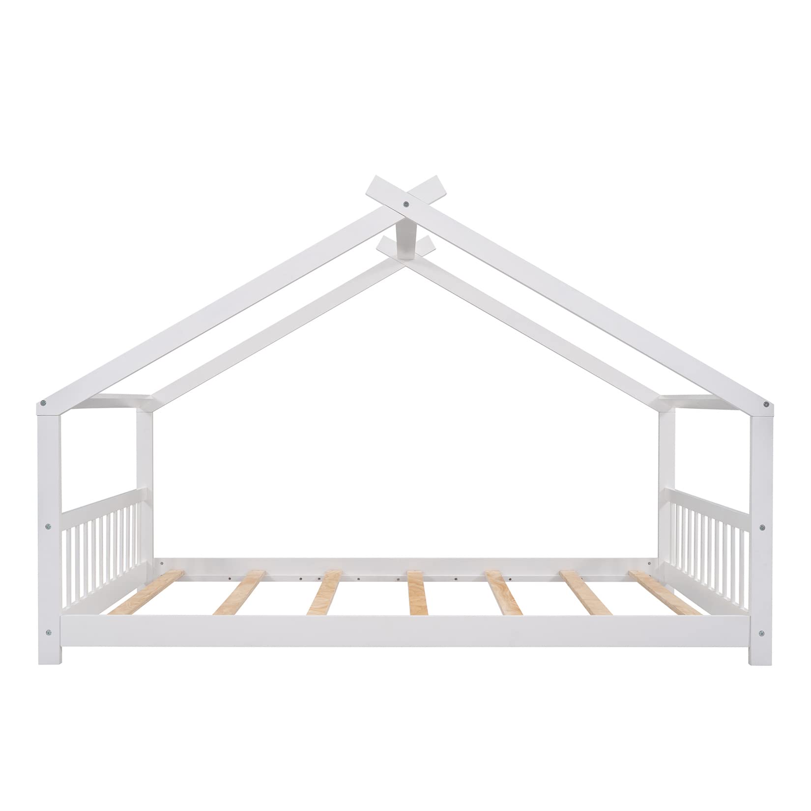 Full House Beds White Montessori Bed Wood Frame Kids Platform Bed with Headboard & Footboard for Children Boys Girls Teens