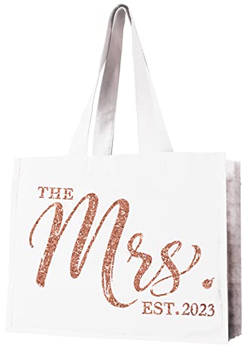 Rose Gold Bride Tote Bag - Giant Size Cotton Canvas The Mrs. Est. 2023 Rose Gold Glitter CHIC Cotton Canvas Tote Bag - Bride Kit, Bridal Gift - White Tote(Chic 2023 RsG) Wht