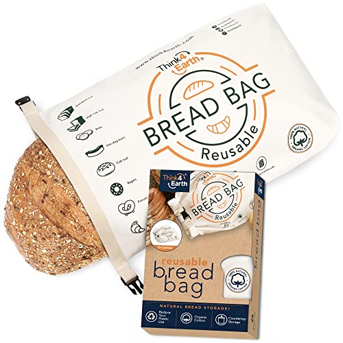 Think4Earth – Cotton Linen Bread Bag Organic - Reusable bread bags for homemade bread gift giving - Bread Container for large Sourdough Loafs – Counter Top Cloth Bread Storage and Transport Solution.