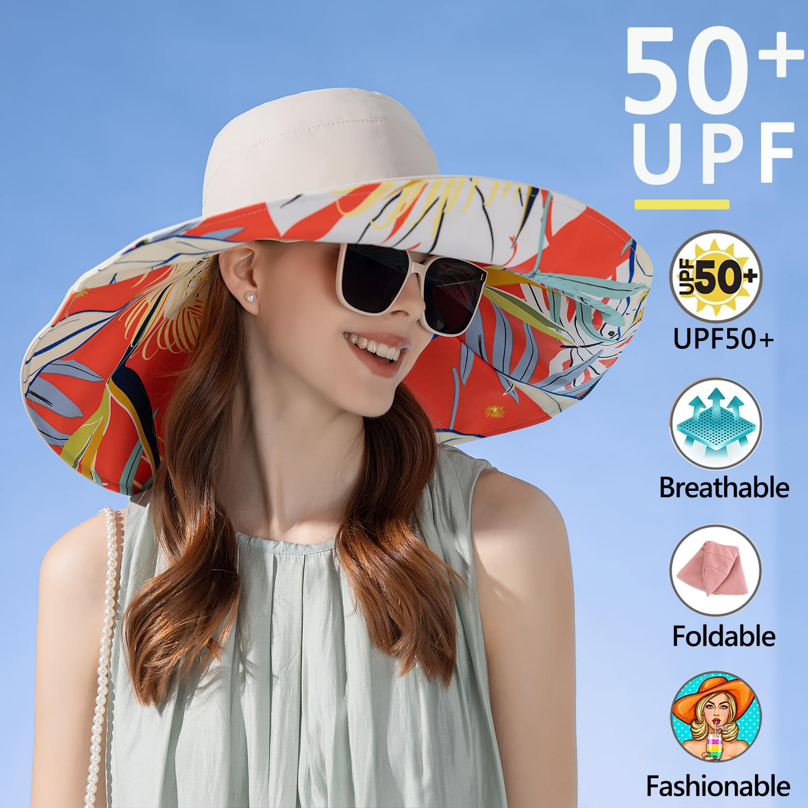 7" Women's Wide Brim Sun Hat, Large Foldable UV Protective Sun Hat, can be worn on both sides, suitable for beach, gardening, travelling, hiking(Flower/Khaki)