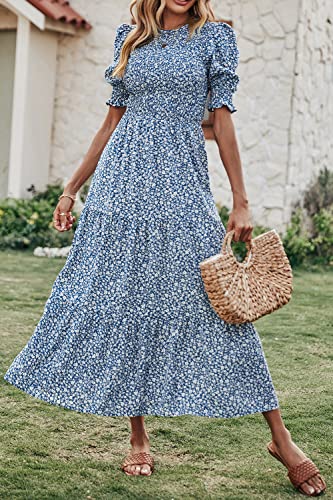 BTFBM Women Casual Summer Dresses 2023 Spring Crew Neck Ruffle Short Sleeve Floral Leopard Smocked Boho Flowy Maxi Dress(Floral Blue White, Medium)