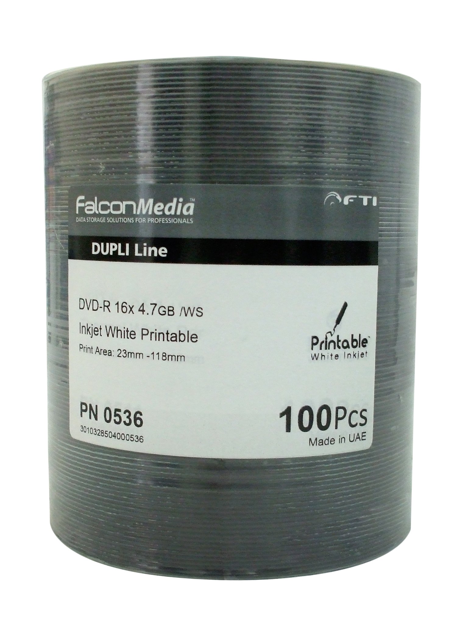FalconMedia Dupli Line White Inkjet Hub Printable Blank DVD-R16x 4.7GB 100 Disc Tape Wrap Pack