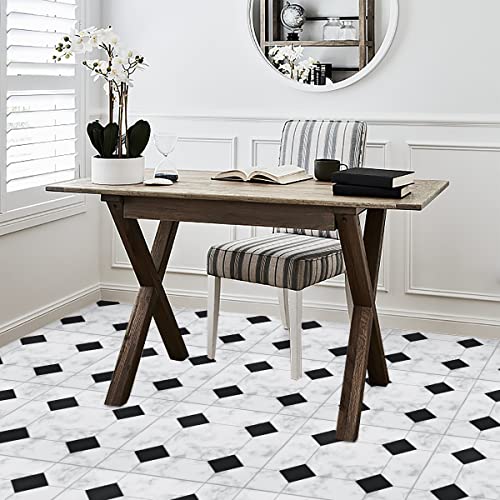 CiCiwind Peel and Stick Floor Tiles 12 PCS-12" x 12" Self Adhesive Black & White Marble Lattic Pattern Floor Tiles for Bathrooms,Kitchen,Living Room,Dining Room