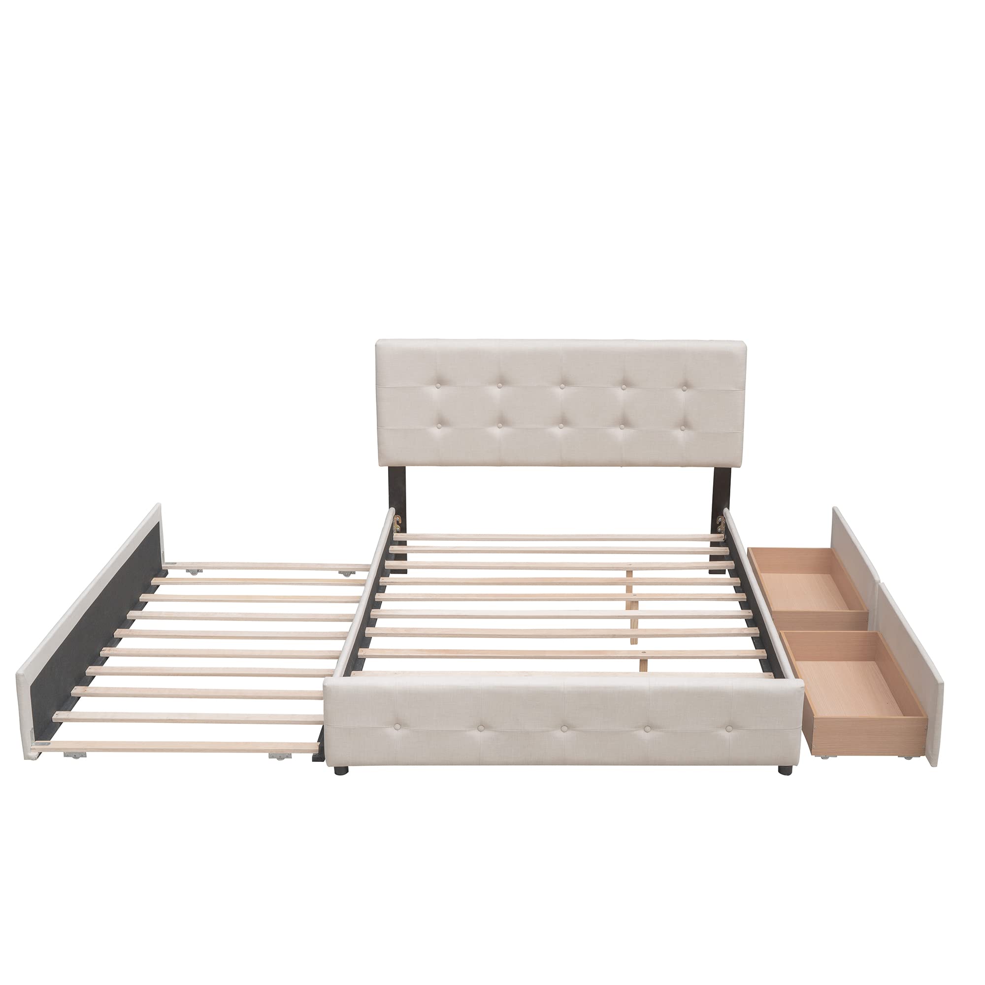 Harper & Bright Designs Upholstered Queen Size Platform Bed with 2 Storage Drawers and 1 Twin XL Trundle, Wood Queen Storage Bed with Linen Fabric for Bedroom Guestroom (Queen, Beige)
