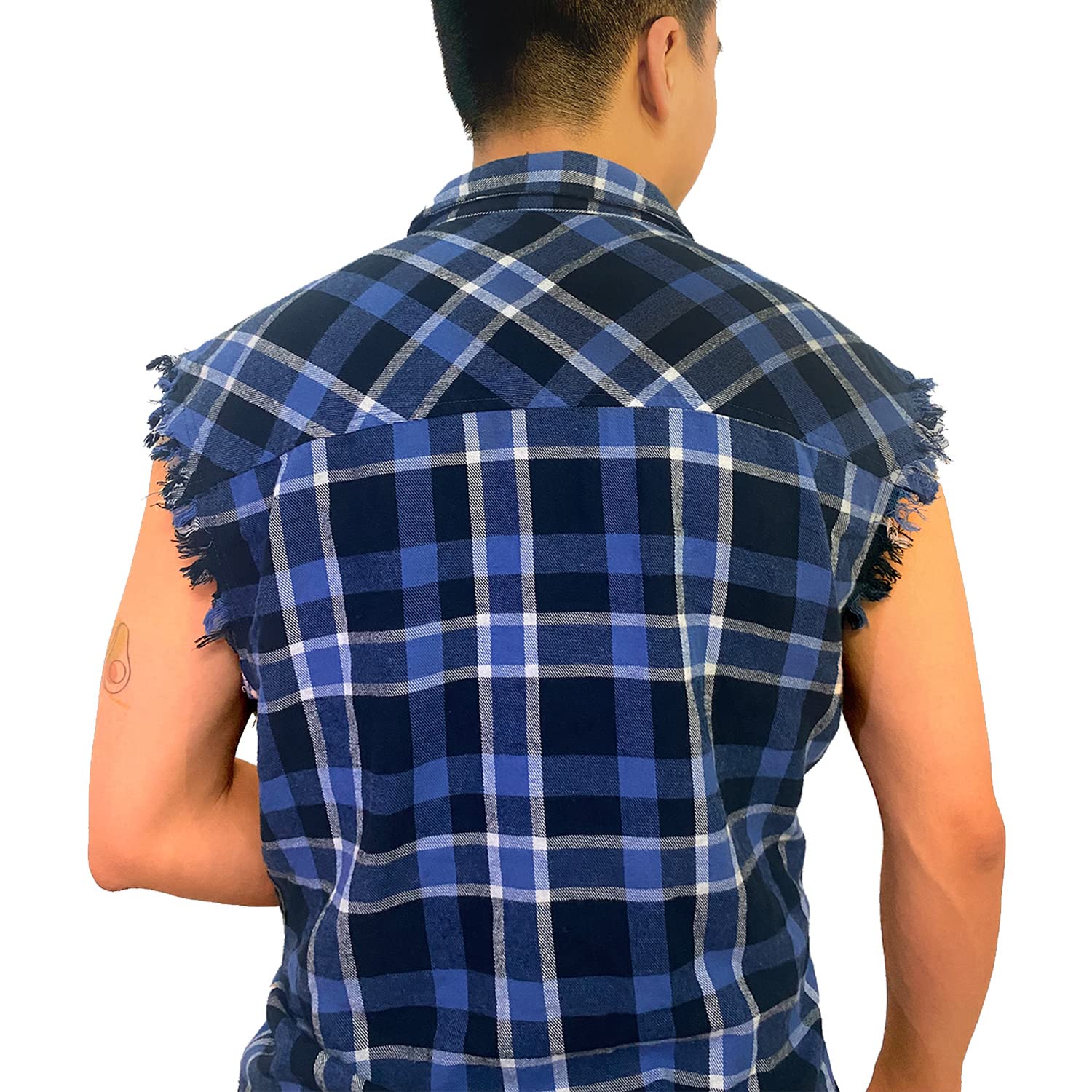 Aligro - Blue Sleeveless Flannel Plaid Shirts for Men Casual Button Down Cowboy Vest Shirts (Size S)