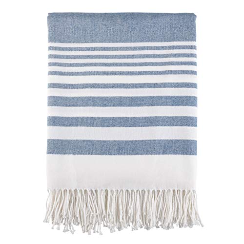 SARO LIFESTYLE Sevan Collection Stripe Pattern Fringe Hem Lightweight Throw Blanket, 50" x 60", Navy Blue